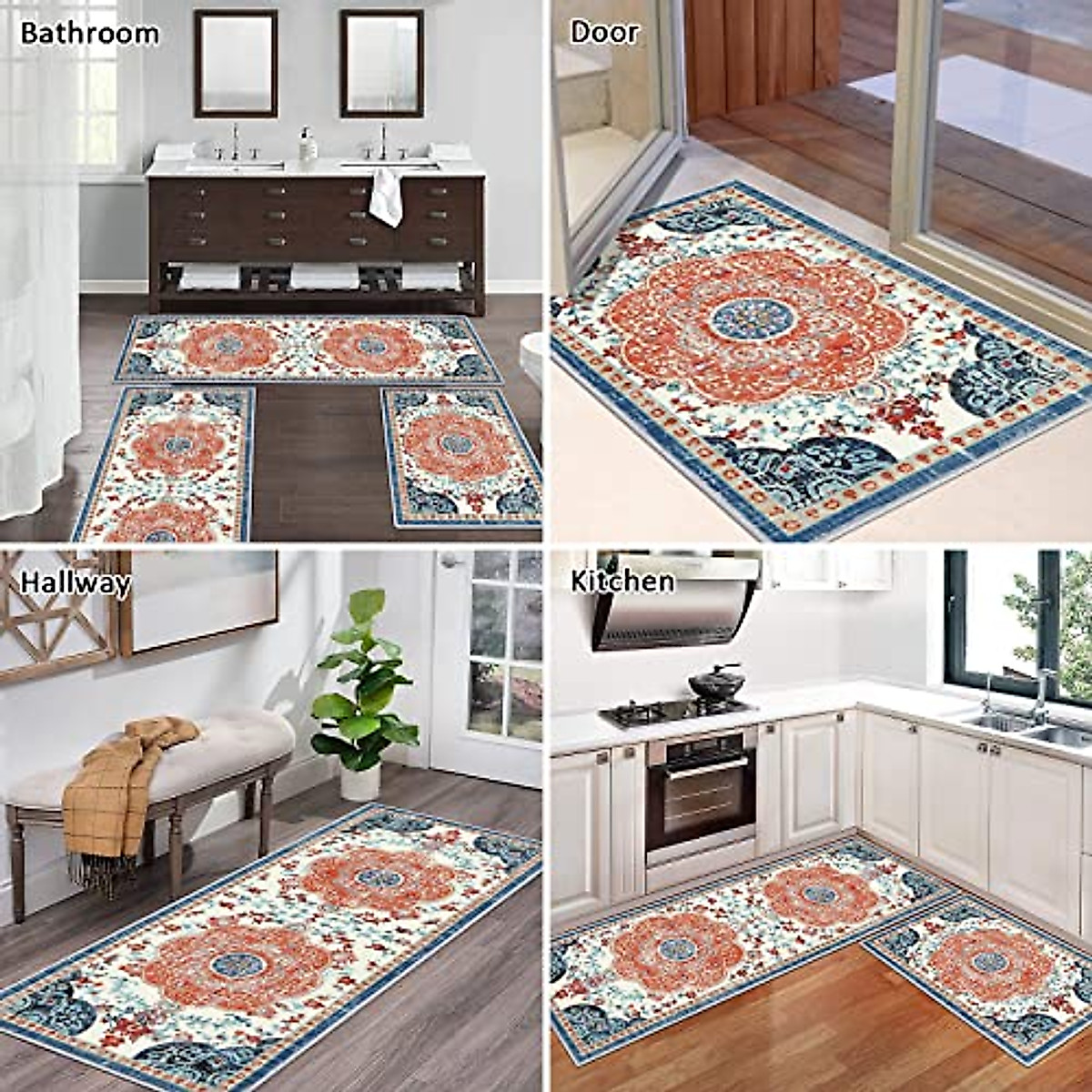 Ileading Boho Kitchen Rugs Sets 3 Piece with Runner Non Slip Kitchen Mats for Floor Washable Bohemian Runner Rug Kitchen Floor Mat Carpet for Hallway Laundry Room Door Office Sink