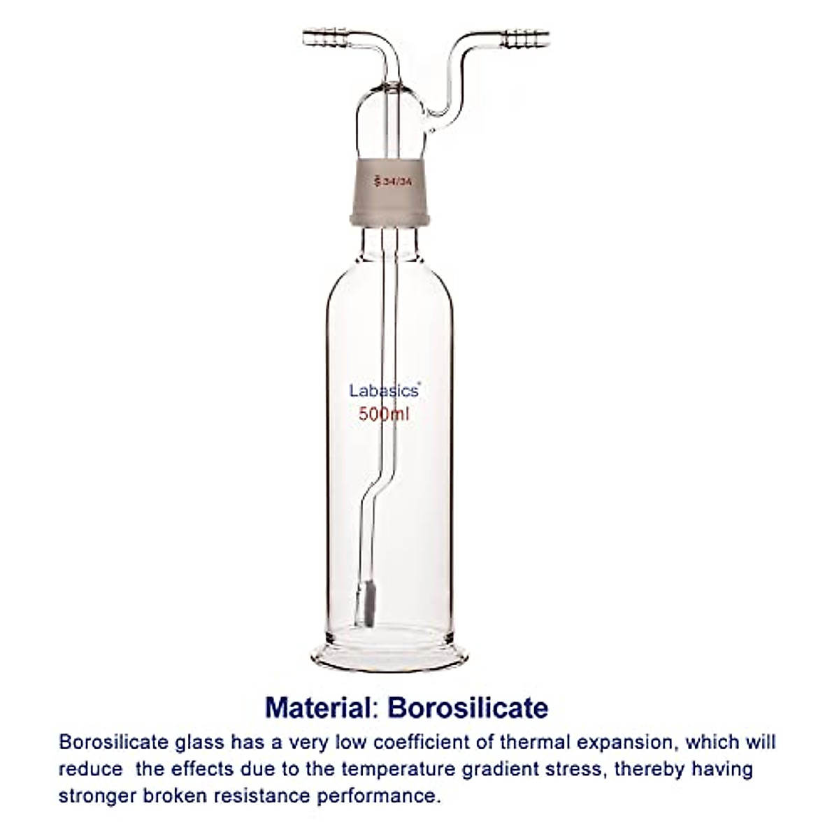 Labasics Gas Washing Bottle, Borosilicate Glass 34/34 Stopper Gas Bubbler Gas Washing Bottle with Fritted Disc and 8 mm OD Inlet/Outlet Hoses, 500 ml