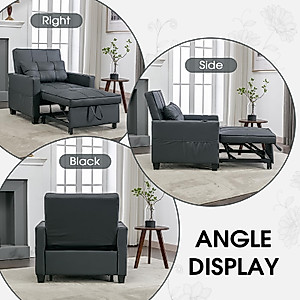 NIOIIKIT Convertible 3-in-1 Pull Out Bed, Leather Upholstered Single Sleeper Sofa Bed with USB Ports, Cup Holders & Side Pockets, Lounge Chaise for Living Room (Light Grey Leather)