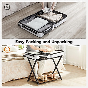 HOOBRO Folding Luggage Rack, Suitcase Stand Holder with Wooden Storage Shelf, Holds up to 110 lb, 27.2 x 15.7 x 24 Inches, for Guest Room, Bedroom, Closet, Hotel, Rustic Brown and Black BF68XL01G1