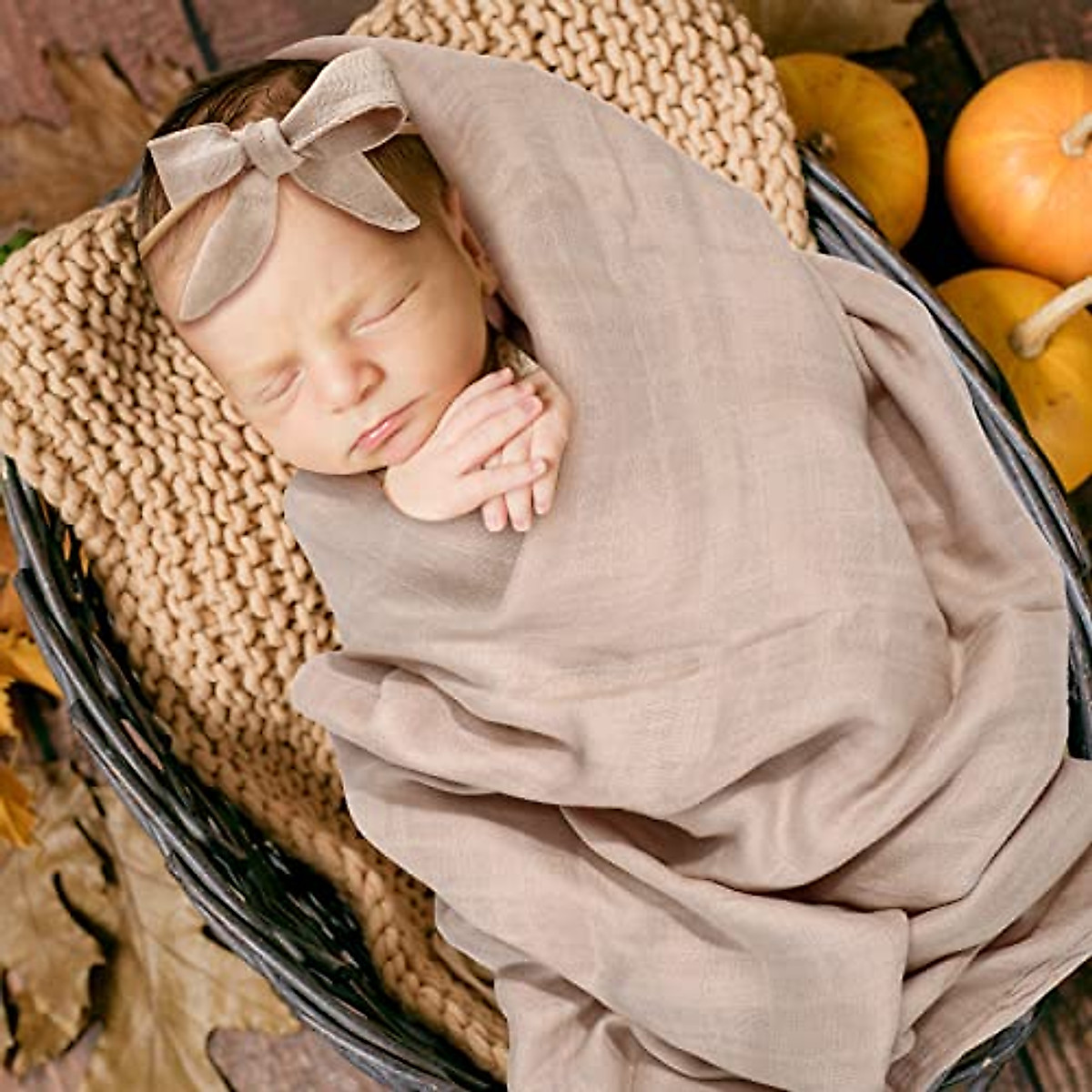 Tatuo 4 Pack Baby Swaddle Blanket Breathable Muslin Swaddle Blanket for Boys Girls, 4 Soft Elastic Baby Headbands with Hair Bows, 47 x 47 Inch Receiving Blanket for Newborn Infant(Light Color)