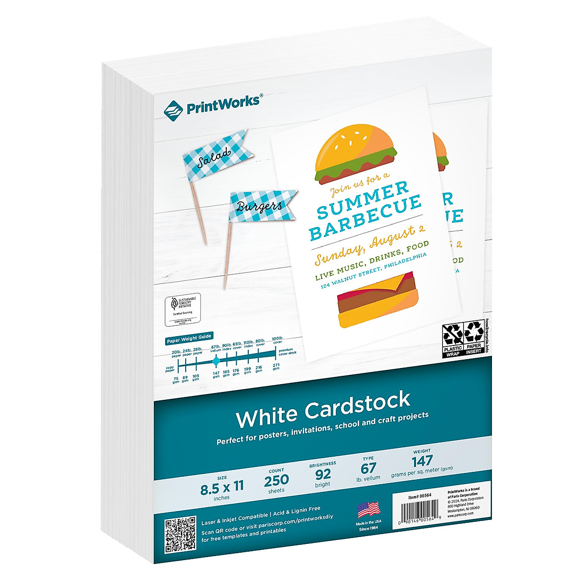 Printworks White Cardstock, Standard, 67 lb. Vellum, 92 Bright, 250 sheets, 8.5 x 11, For Office, Home & School Printing, Craft Projects (00564)