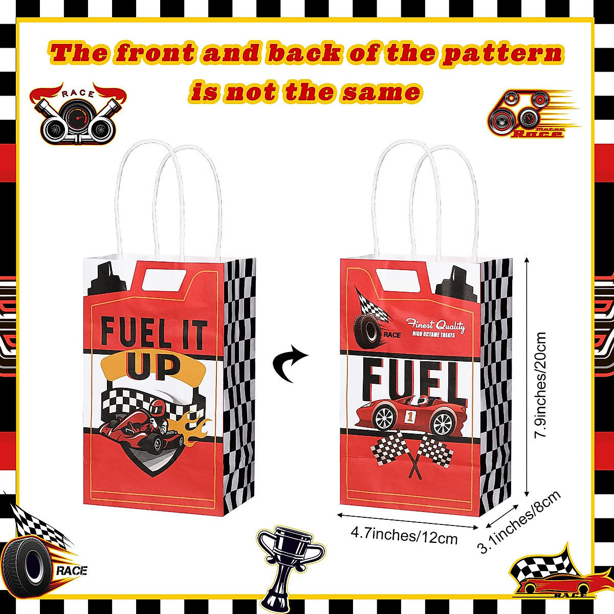 Pajean 16 Pieces Race Car Fuel Treat Bags Boxes Racing Car Party Goodie Bags Wrap Paper Bags with Handles Birthday Party Decorations Baby Favors Supplies Gifts