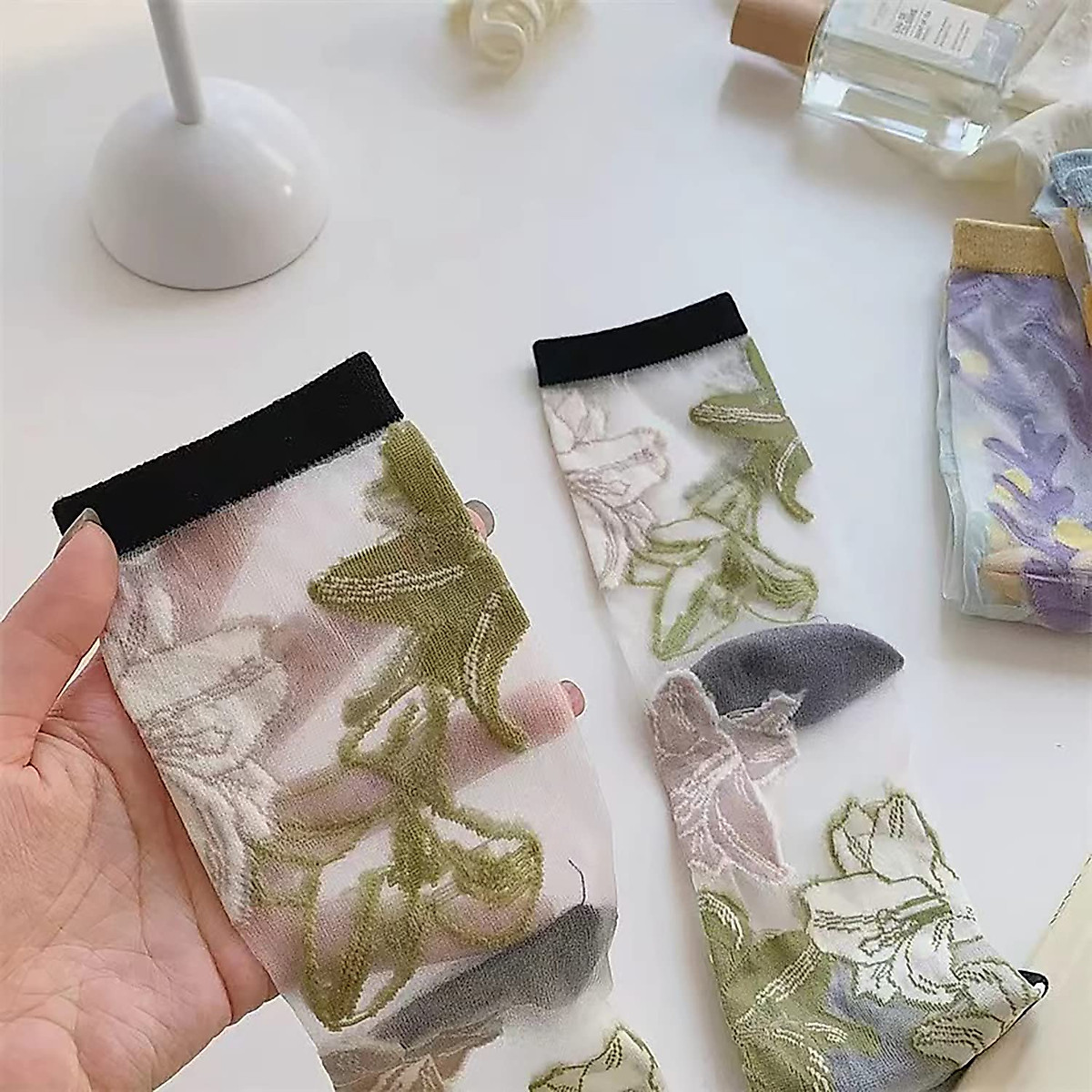 Ballballu Vintage Sheer Socks,Summer Transparent Flower Ankle Socks,Thin Mesh Lace Elastic Jacquard Glass Silk Socks (F-7 Paris)