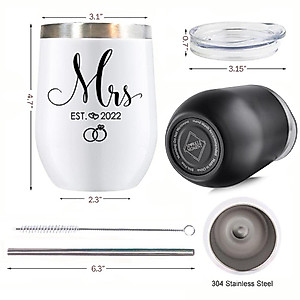 Sparkle Moment Mr and Mrs Est 2022 Wedding Gift Set -12 oz Stainless Steel Wine Tumbler/Cup/Mug/ Bridal Shower/Bride to be/Engagement/Bachelorette Party for Newlyweds Couples (12 oz, Black & White)