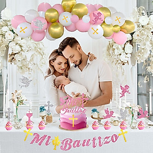 Fiesec Mi Bautizo Decorations for Girls, Baptism First Communion Christening God Bless Party Decorations Backdrop Balloon Garland Arch Glitter Banner Cake Cupcake Topper Gold Pink 103 PCs