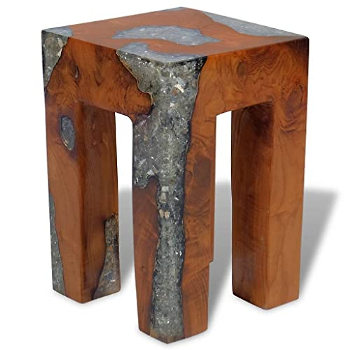 SKM Wooden Stool Handmade Small Stool Solid Teak Wood and Resin 11.8" x 11.8" x 15.7" (L x W x H)