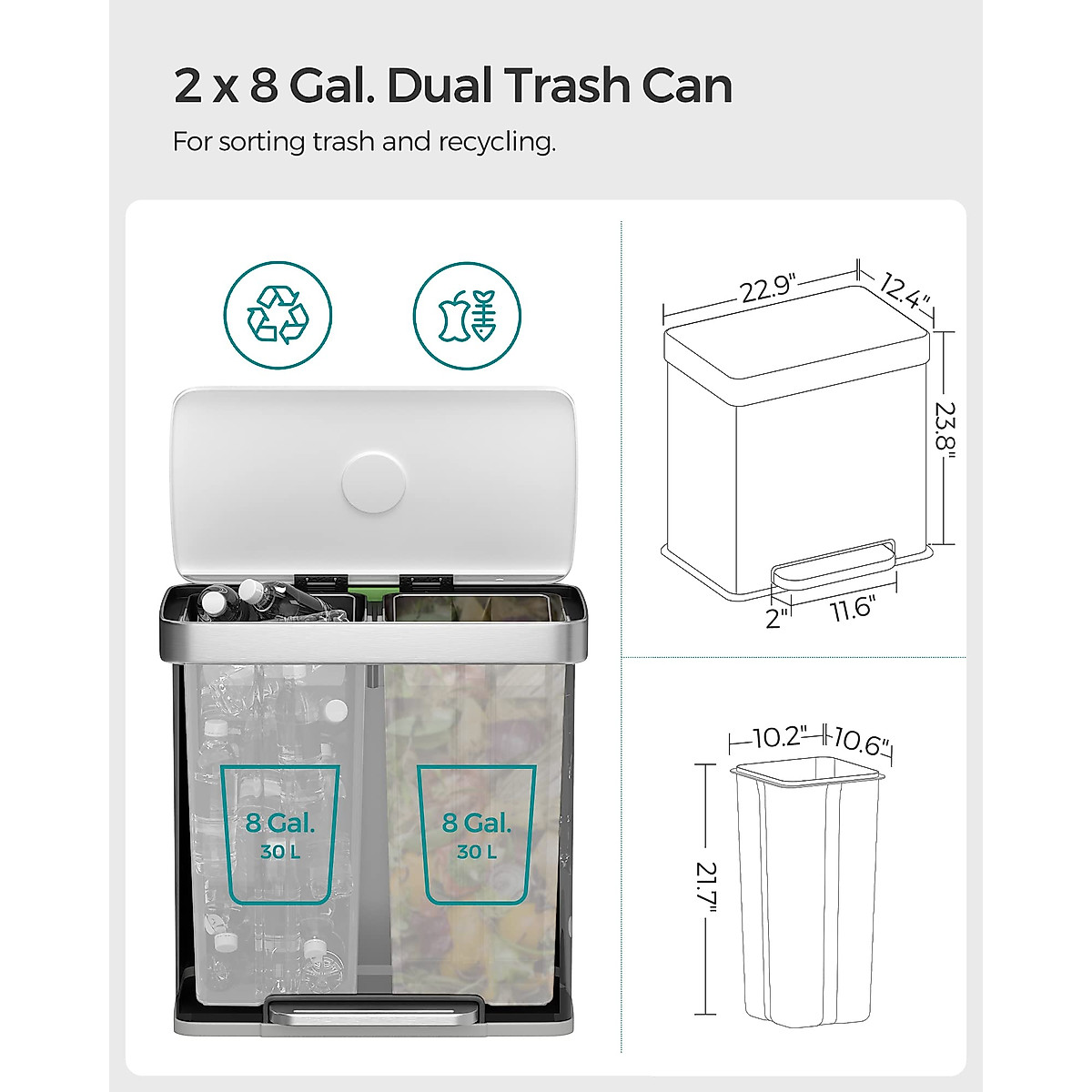 SONGMICS Kitchen, 16 Gallon (2 x 8 Gallon) Dual Compartment Garbage Can, 60L Pedal Recycling Bin, Stay-Open Lid and Soft Closure, Stainless Steel, 15 Trash Bags Included, White ULTB202W01