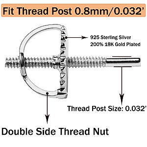 2-Pairs Screw Earring Backs for Threaded Post .032"/0.8mm,18K Gold Plated Sterling Silver Screw on Earring Backs Replacements for Diamond Earring Studs, Hypoallergenic Secure ScrewBacks