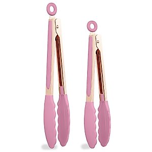 COOK WITH COLOR Stainless Steel Silicone Tipped Kitchen & BBQ Tongs Set, 2 Pc Tongs, Pink