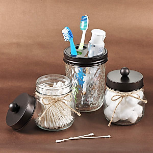 SheeChung Small Mason Jars for Qtips, Bathroom Apothecary Jars with Lids, Bathroom Organizers and Storage, Qtip Holders Set, Bathroom Decor for Q-tips, Cottons, Floss, Balls, Cotton Swabs-Bronze