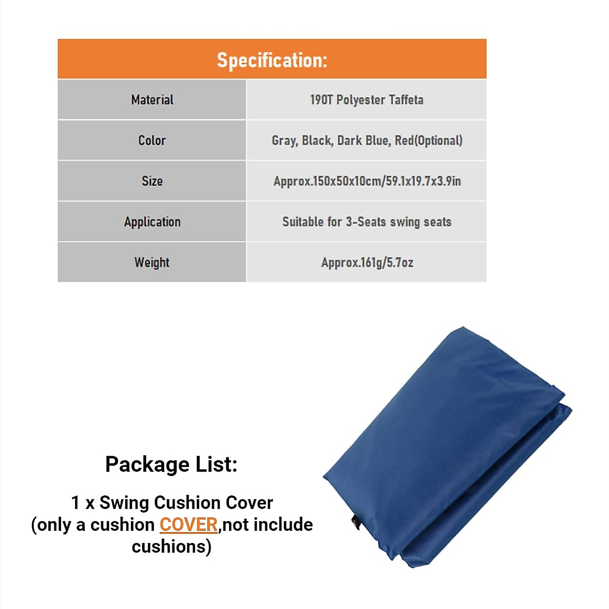 Oumefar 3 Seater Swing Cushion Waterproof Lightweight Swing Seat Cover for Garden for Patio(Dark Blue (Supplier Specification: Blue))