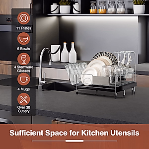 Giantex Stainless Steel Dish Rack, Expandable Dish Drainer Rack with Cutlery Cup Glass Holder, Removable Drip Tray, 360-Degree Swiveling Spout, Rust Proof Dish Dryer Rack for Kitchen Counter