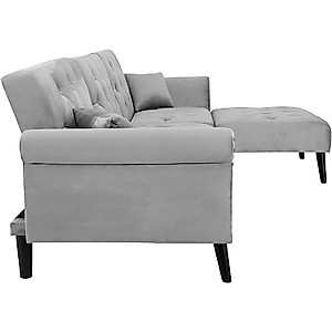 DNYN 115" Sectional Reversible Sofa with 2 Pillows & Chaise Lounge & Button Tufted L-Shaped Nailhead Decor Corner Sofá Convertible Sleeper Velvet Couch Bed for Living Room Furniture, Light Gray