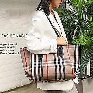 Handbags for Women, Canvas Fashion Shoulder Bag, Tote Bag Purse Top Handle Hobo Handbag,Stripes Style Large Capacity Purse Fashion Satchel with Zipper (Checkered Khaki)