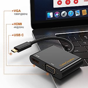 CableCreation USB C to HDMI VGA Adapter, Type C to VGA to USB C Thunderbolt 3 for Dual Monitor Adapter Compatible with iPhone 15 Plus/15 Pro Max, Galaxy S22 Ultra, MacBook Pro 2020, iPad Pro 2020