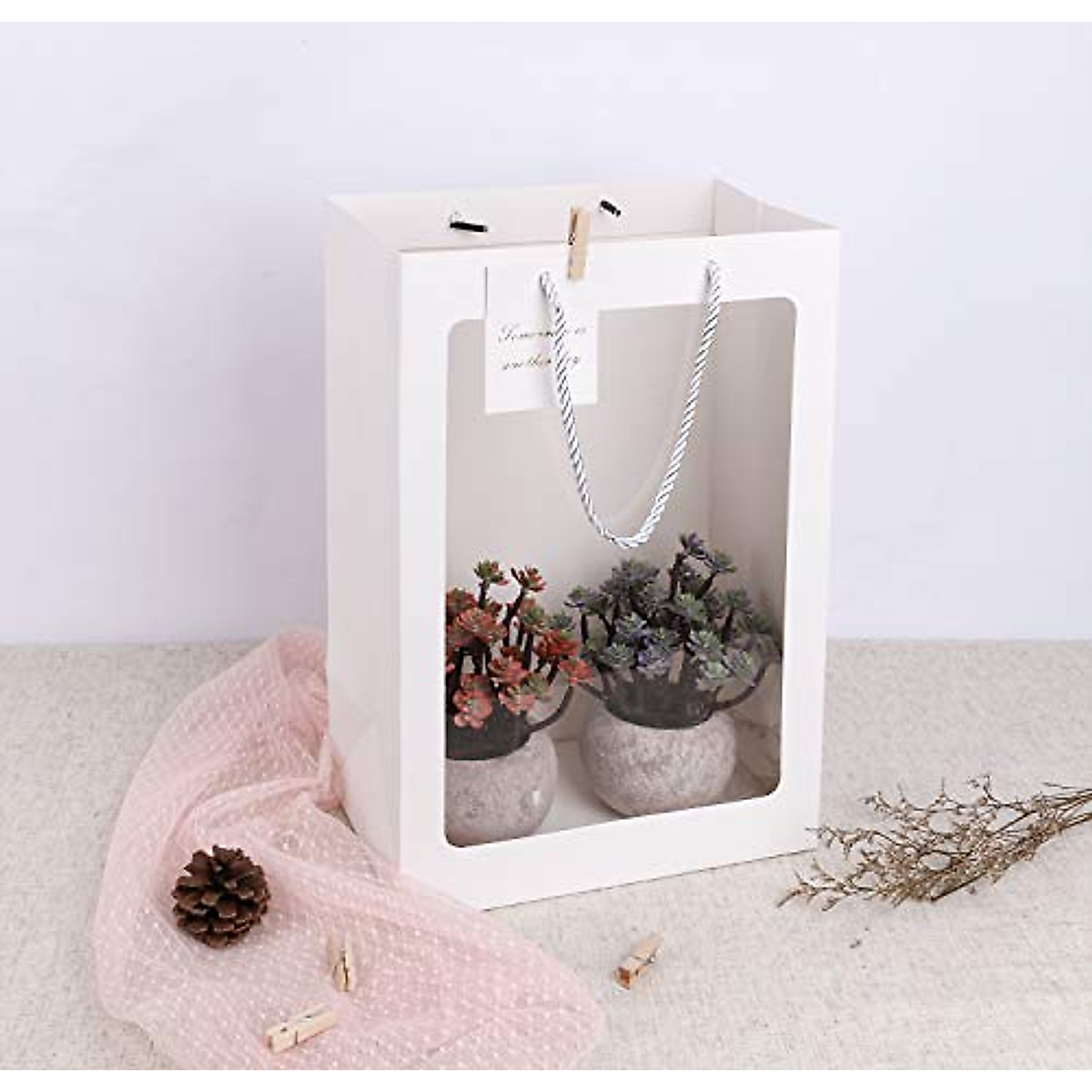 sdoot Gift Bags, Gift Bags with Transparent Window, 10pcs Tote Paper Bags, 7.9''×5.9''×11.8'' White Gift Bags with Handles Bulk, Wedding Party Bags