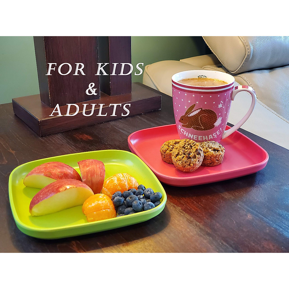 1 Click Bamboo Kids Plates, (4 Color Set), Stackable, Reusable, Deep sides for Easy Kids, Toddlers and Big Kids Feeding, Dishwasher Safe, Bamboo Dinnerware Set