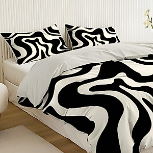 Rvciby Girls Black and White Stripe Duvet Cover Queen Size,Cotton and Polyester Trendy Duvet Cover Comforter Cover Set with Corner Ties &Zipper Closure,1 Duvet Cover&2 PillowShams for Boys Women Man