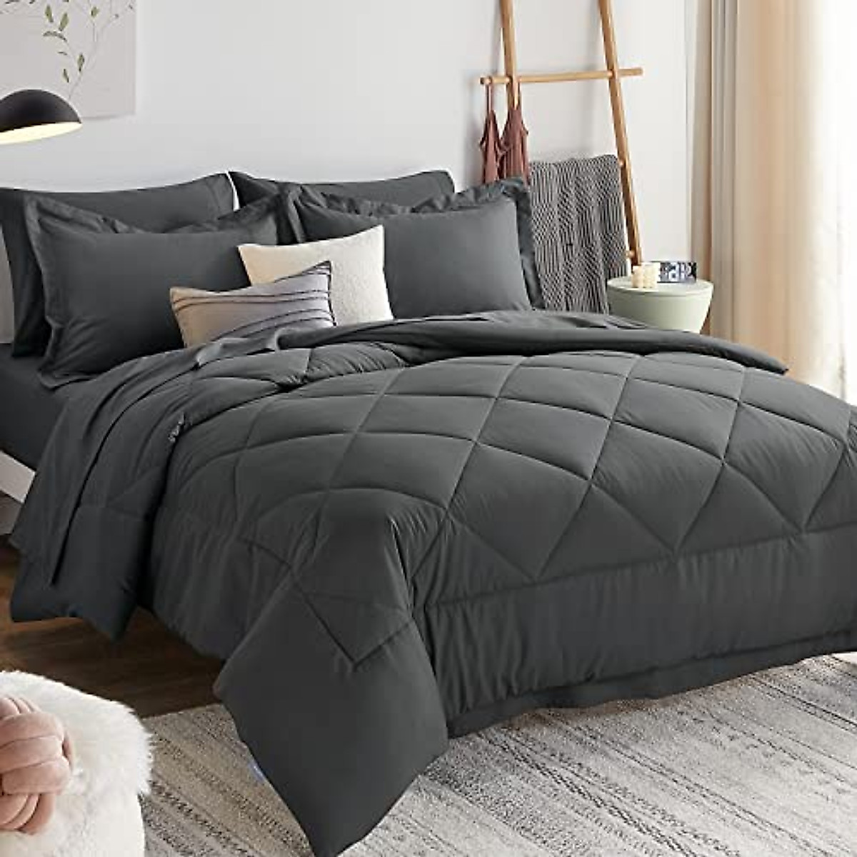 CozyLux Twin XL Size Comforter Set 5 Pieces Dark Grey Twin Extra Long Bed in a Bag for College Dorm All Season Bedding Sets with Comforter, Pillow Shams, Flat Sheet, Fitted Sheet and Pillowcases