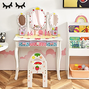 OLAKIDS Kids Vanity, 2 in 1 White Strawberry Wooden Dressing Table and Chair Set for Toddlers with Tri-Folding Mirror, Stool, Storage Drawers, Pretend Beauty Make Up Princess Play Set for Little Girls