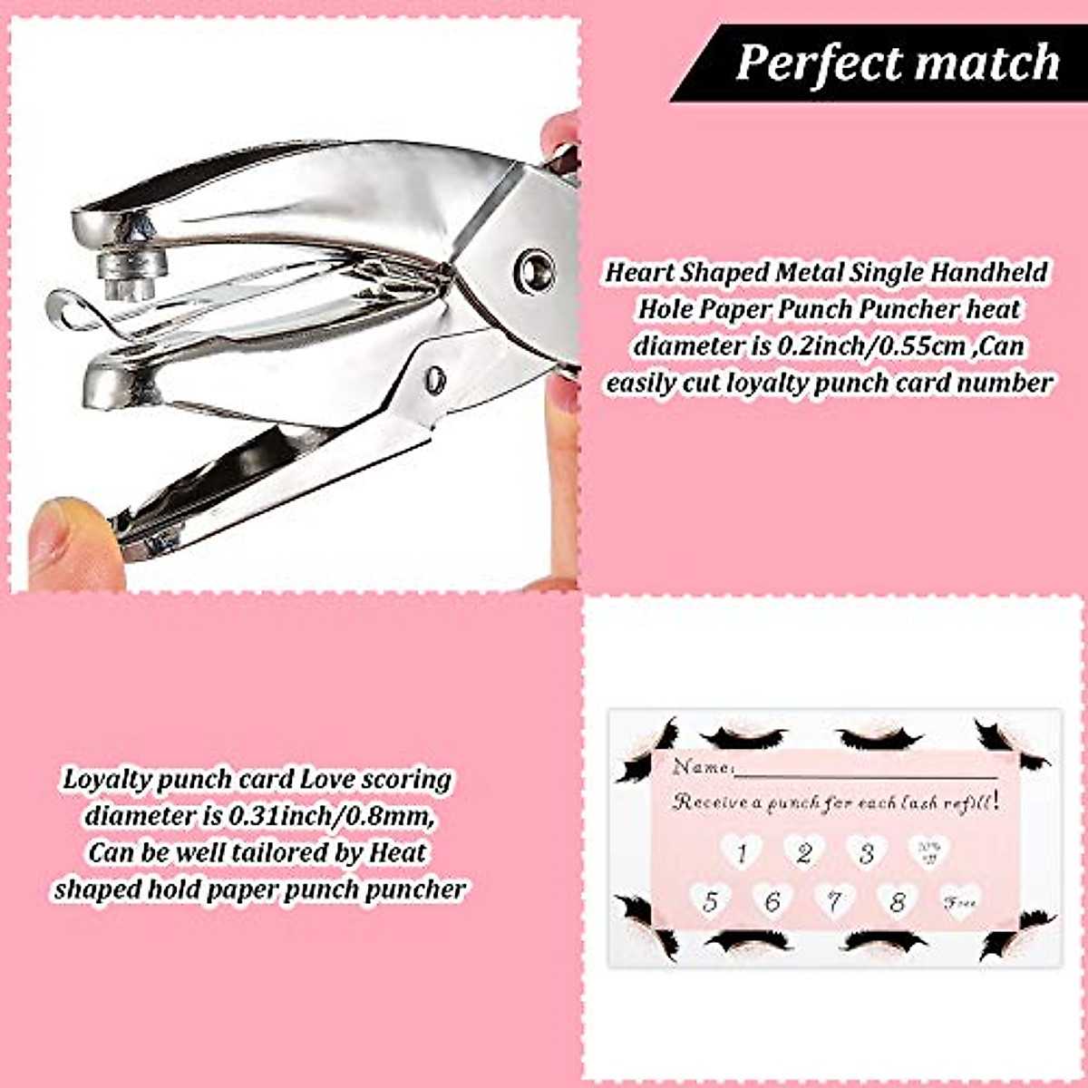 150 Pieces Heart Shaped Lash Extension Refill Filler Loyalty Punch Cards with Metal Single Handheld Hole Paper Punch Puncher for Eyelash Extensions Business Beauty Salons DIY Craft Decoration