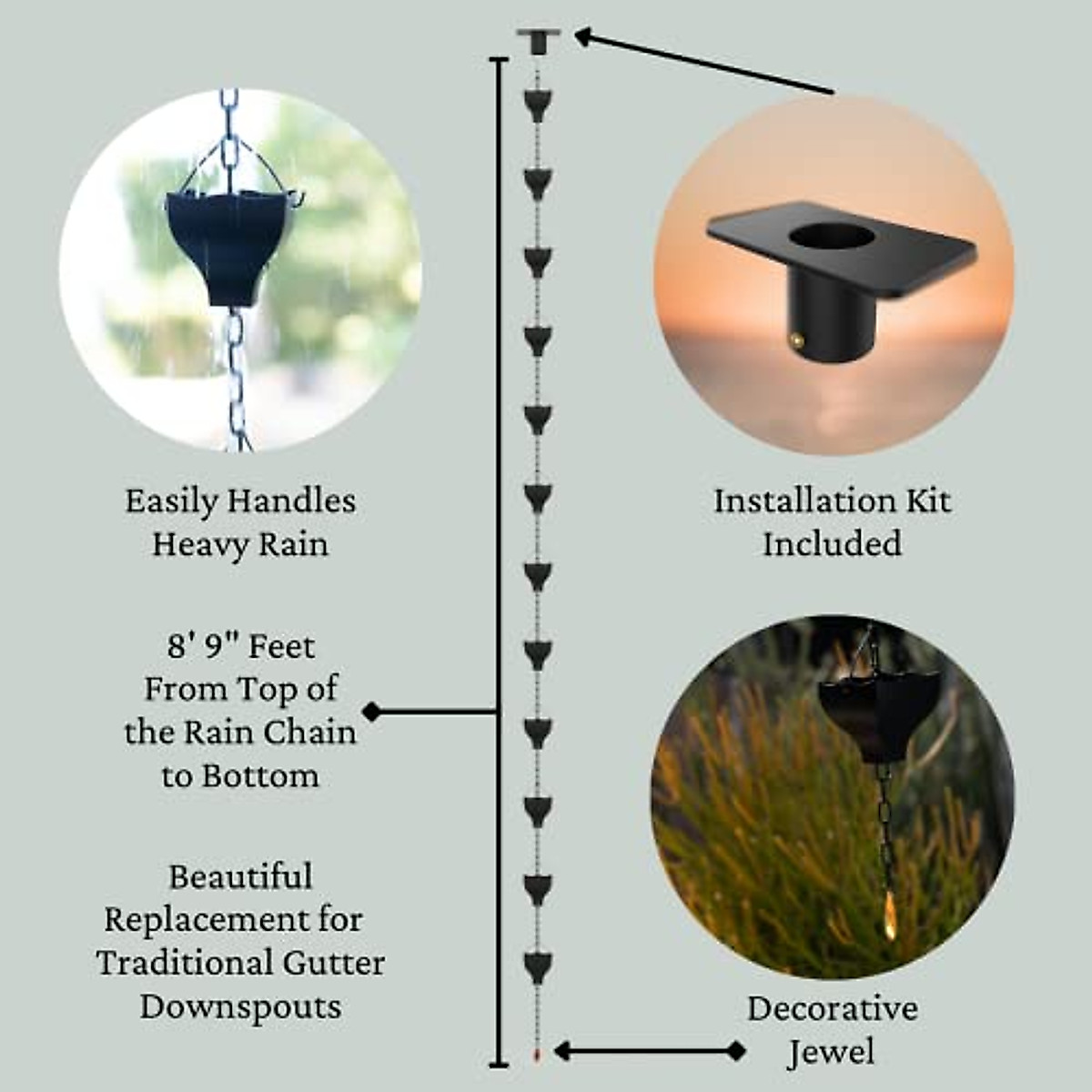 Jitane - Metal Rain Chains for Gutters - 8.75 Feet - Installation Kit Included - Rain Gutter Downspout Extension - Rain Water Catching System - Decorative Jewel Located at The Rain Chain Basin (Black)