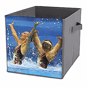 Sloth Art PU Leather Collapsible Storage Bins Canvas Cube Organizer Basket with Handles
