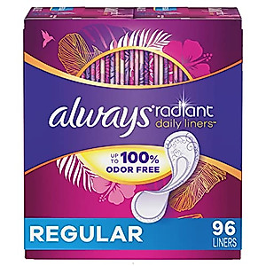 Always Radiant Daily Liners Regular Absorbency Unscented, Up to 100% Odor-free, 96 Count