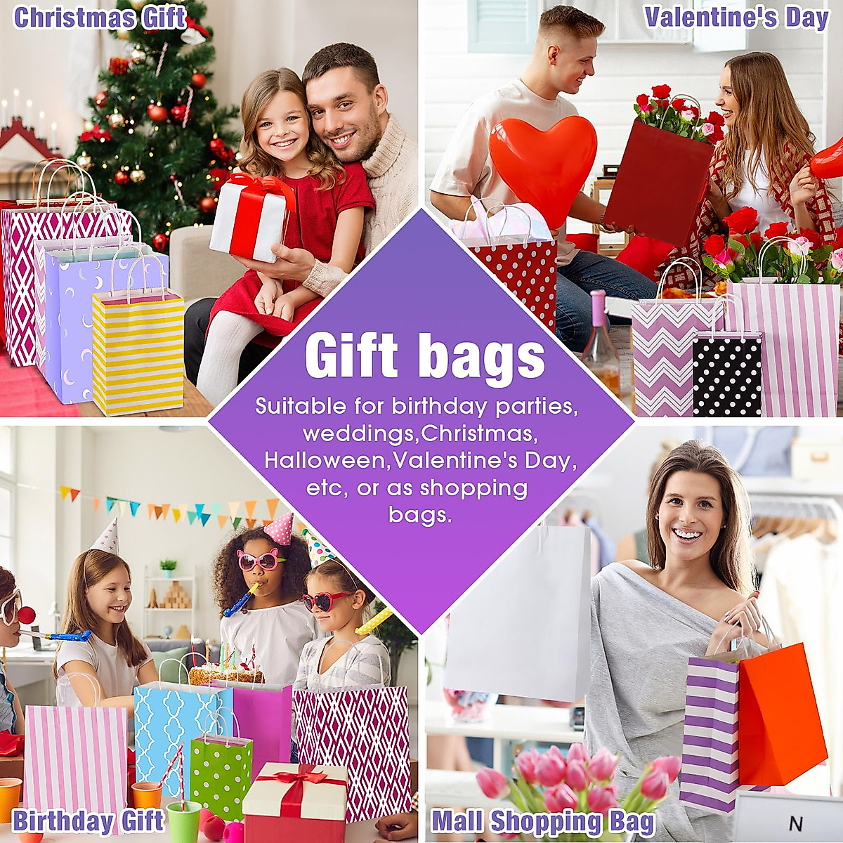 Kosiz 36 Pcs Assorted Sizes Gift Bags Bulk Gift Bag Assortment Different Sizes Birthday Goodie Paper Party Favor Gift Bag for Christmas Teacher Thanksgiving, Etc 8.3" Small, 10.2" Medium, 12.6" Large