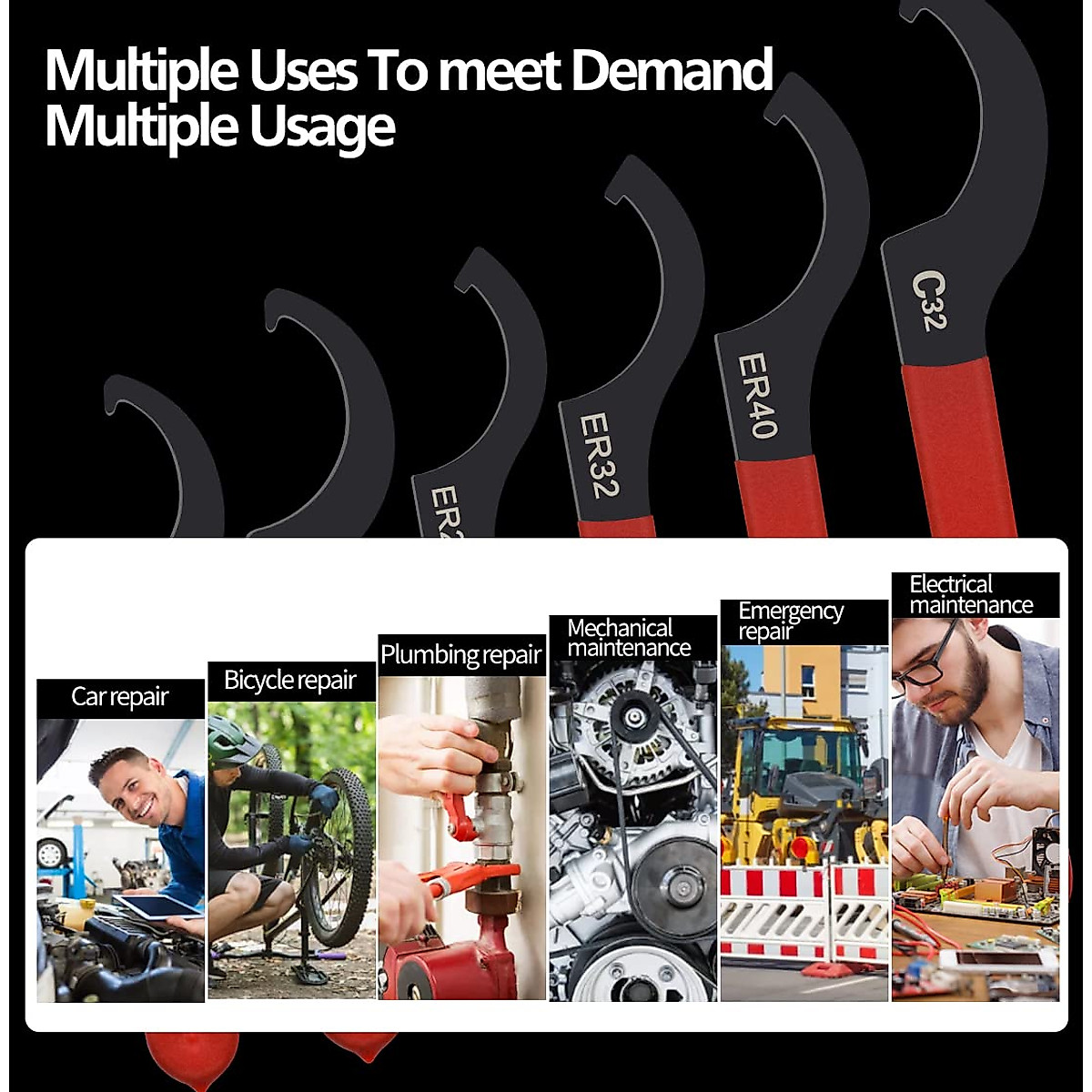 AYQWE 6pcs Coilover Wrench, C-Shape Shock Spanner Wrench Hook Tools Steel Spanner, for Suspension System and Shock Adjustments