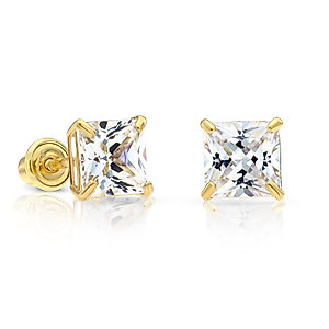 Solid 14k Yellow Gold Solitaire Square Princess-cut CZ Stud Earrings with Secure Screw-backs (5mm)