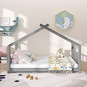 P PURLOVE Full Size House Bed for Kids, Teens,Wood Platform Bed with Headboard and Footboard,Toddlers House Floor Bed with Roof and Slat, No Box Spring Need,Espresso Bed Frame,Gray Bed Frame