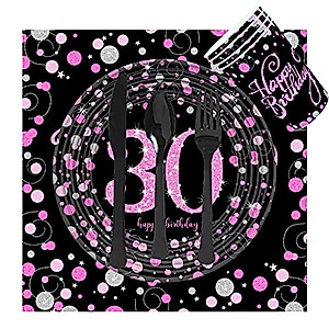 Rainmae 30th Pink Gold Birthday Party Supplies Tableware Set-16 Guests Include Plates Cups Napkins Knives Spoons Forks Table Cloth Banner for 30 Years Old Party Decoration Birthday Wedding Anniversary