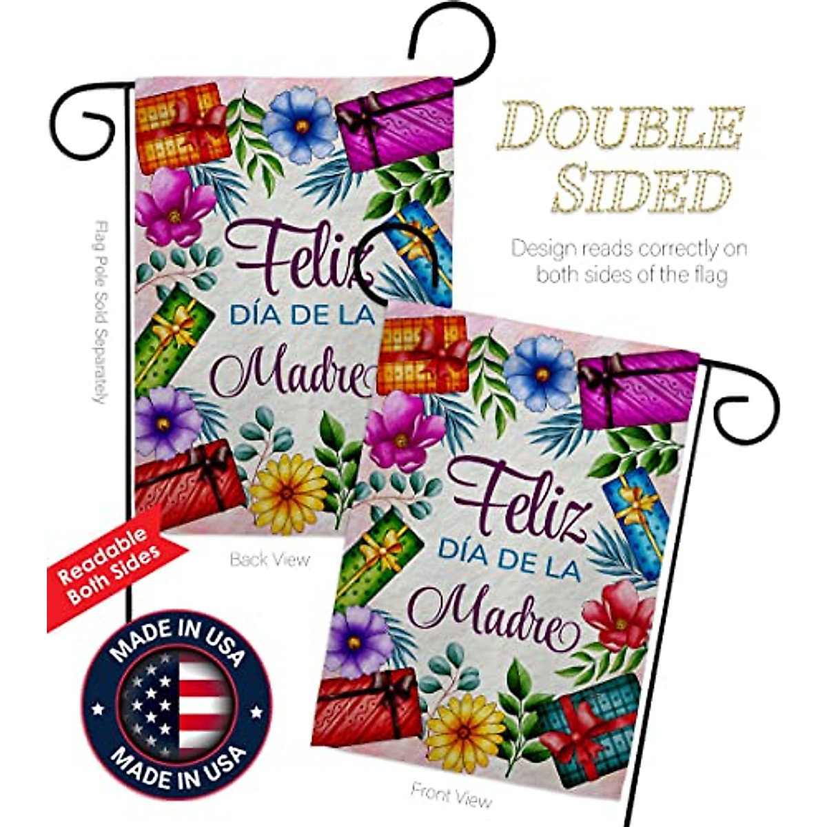 Feliz Dia De La Madre Garden Flag - Set Wood Dowel Family Mother Day Mom Mama Grandma Love Flowers Parent Sibling Relatives Grandparent - House Banner Small Yard Gift Double-Sided 13 X 18.5