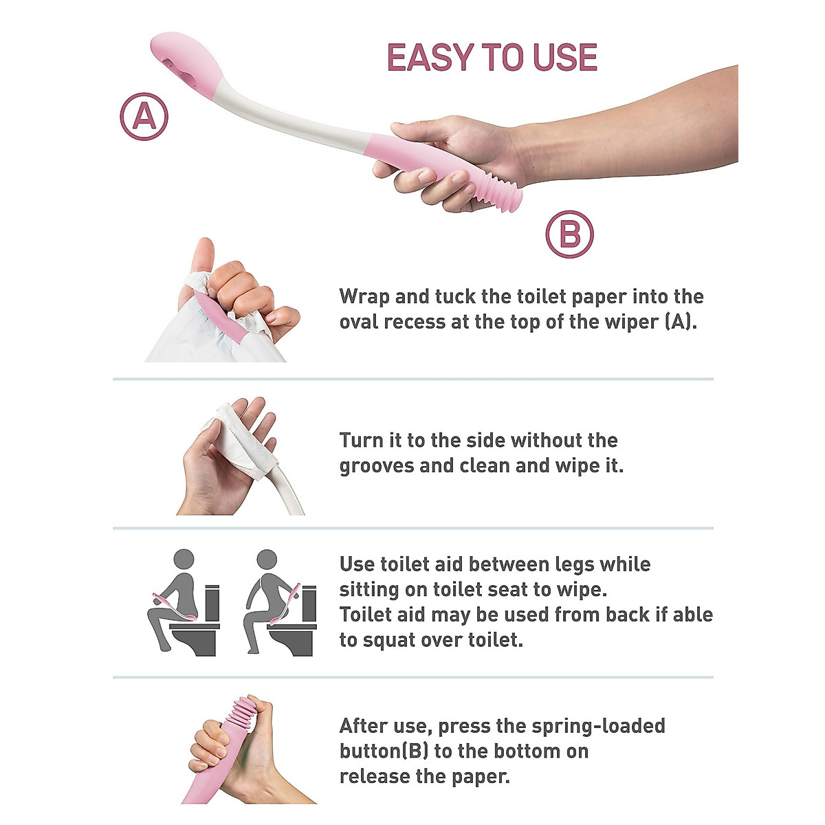 Vammcht Toilet Aids for Wiping, Long Reach Comfort Bottom Buddy Wiping Aid for Toileting, Butt Wiper for Obesity People Disabled Elderly Pregnant Surgery Recovery Handicap Accessories Pink