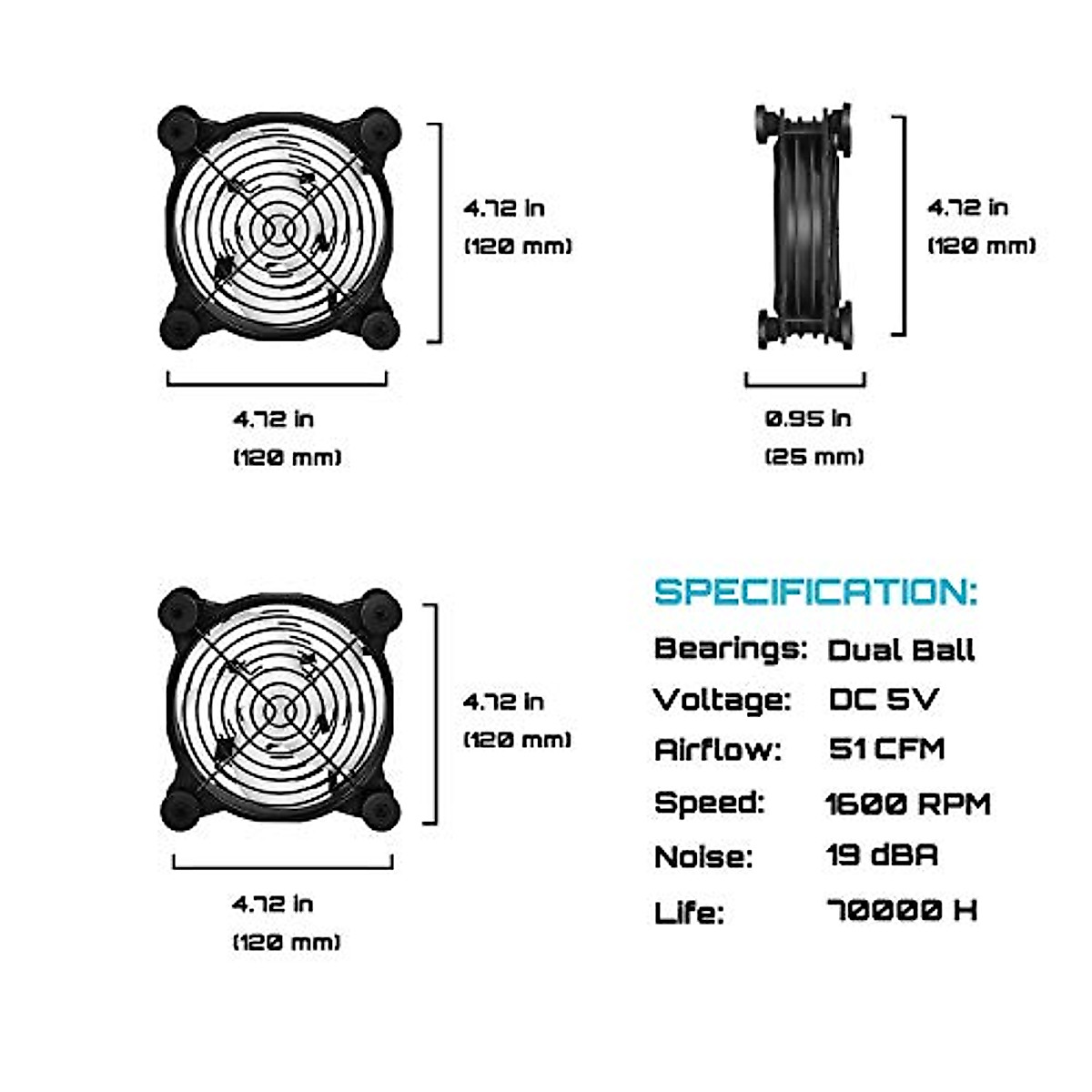 upHere U1206 USB Fan Dual-ball bearings Rainbow LED Silent 120mm Fan for Computer Cases Computer Cabinet Playstation Xbox Cooling