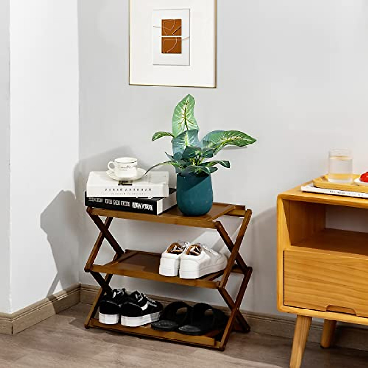 Small 3-Tier Shoe Rack for Closet & Entryway, Installation-free Foldable Bamboo Shoes Storage Organizer, Sturdy Free Standing Three Shelf Shoe Stand for 6-9 Pairs, Brown 20x17x9 Inches