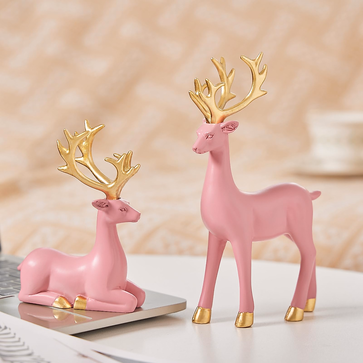 BULINGNA 2PCS Christmas Reindeer Figurines Sitting & Standing Deer Resin Statues Home Decor Creative Elk Decor for Cabinet, Office, Desktop (One Size, A-Pink)