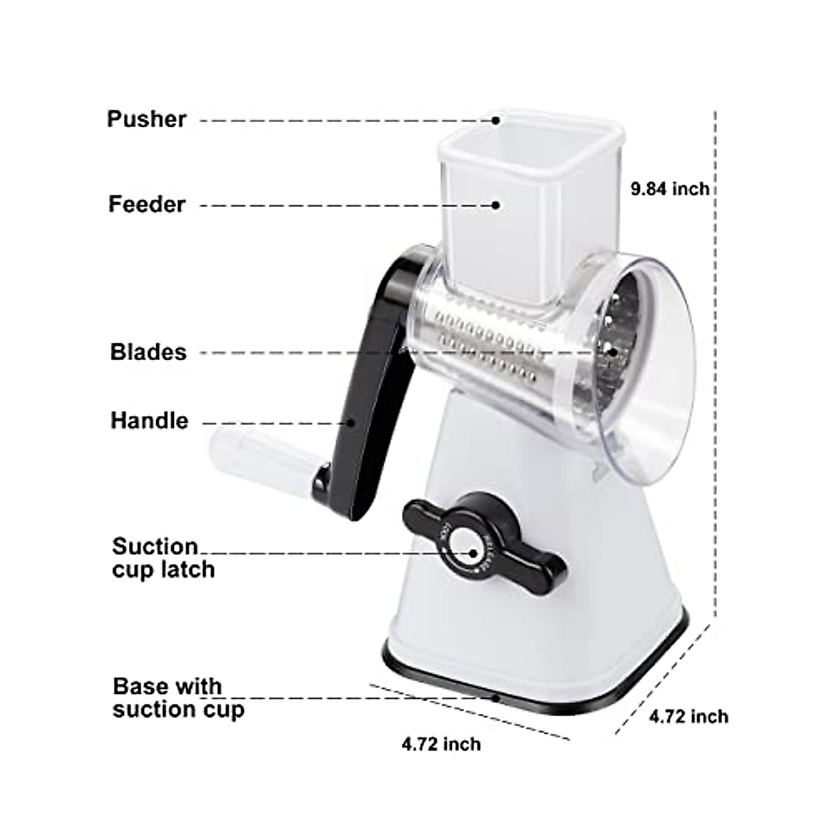 Rotary Cheese Grater,3 in 1 Multi-functional Mandoline Vegetable Shredder,Slicer with Strong Suction Base, 3 Drum Blades in Set (White & Black)