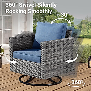 ovios Patio Bistro Set 3 Pieces Rocking Swivel Chairs with Side Table 360 Degree Rotating Outdoor Wicker Rocker Chairs for Yard Deck Porch, Grey Wicker, Denim Blue Cushion