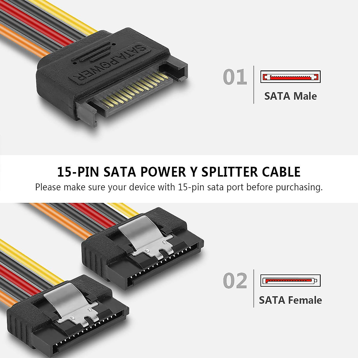 BENFEI 15 Pin SATA Power Y-Splitter Cable 8 Inches - 2 Pack