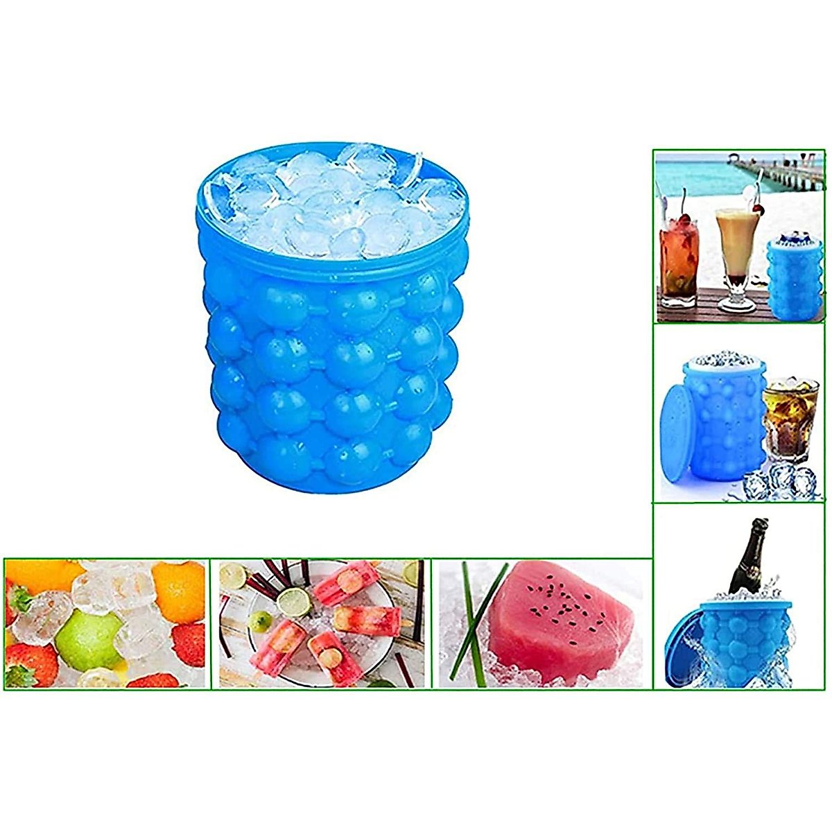2 in 1 silicone ice bucket and ice mold with lid, silicon ice cube maker wizard, portable silicon ice cube maker (blue)