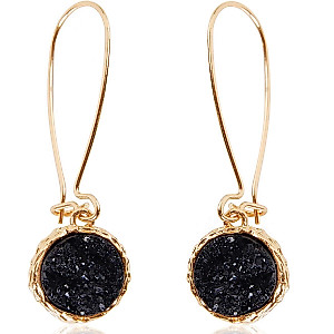 Gold and Black Earrings for Women Dangle - Black and Gold Earrings for Women, Black Dangle Earrings for Women, Gold Tone Black Drop Earrings for Women, Sparkly Simulated Black Druzy Earrings for Women