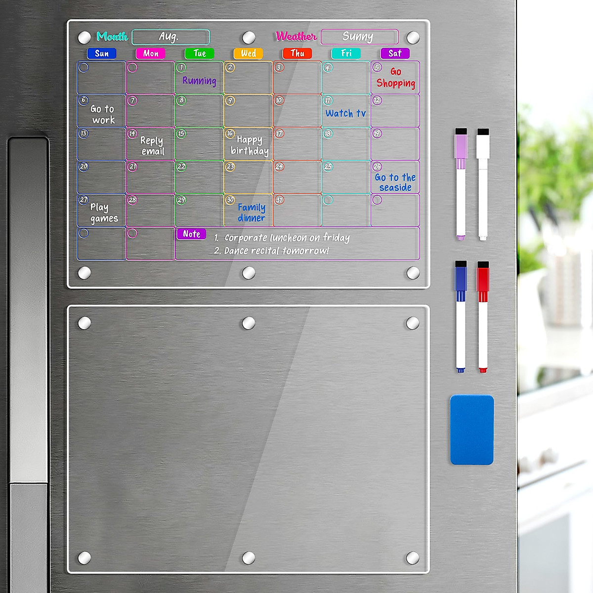 D-FantiX Clear Magnetic Calendar for Fridge, 6 Thickened Magnets Acrylic Dry Erase Board for Refrigerator, Set of 2 Family Monthly Weekly Planning Boards, Reusable Calendar and Blank Memo (15"x11")