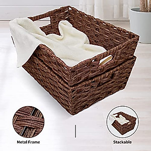 Onlytak Large Wicker Storage Basket, Metal Frame, Set of 2, Washable Waterproof, 15" x 10.3" x 5.2", Brown Color, Woven Basket for Pantry, Toilet, Bathroom, Bedroom, Patio