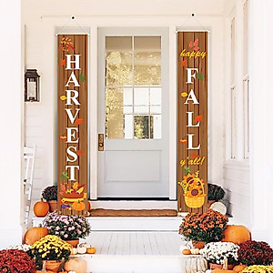 Uniwish Happy Fall Y'all Porch Banner Front Door Sign Harvest Bunting Vertical Welcome Hanging Flags for Fall Thanksgiving Decorations Garland Autumn Farmhouse Home Yard Decor