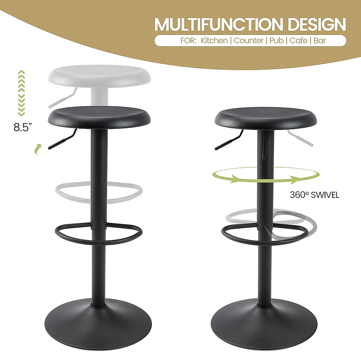 Brage Living Adjustable Bar Stool, Swivel Round Metal Airlift Barstool, Backless Counter Height Bar Chair for Kitchen Dining Room Pub Cafe, 1 pc (Black)