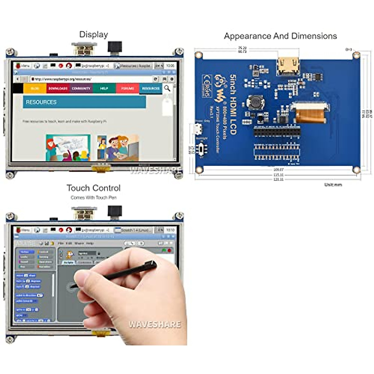 Waveshare 5 Inch HDMI LCD 800X480 High Resolution for Raspberry Pi 2 Model B/Raspberry Pi Model B/B/A/Raspberry Pi 3 Model B/3 B+