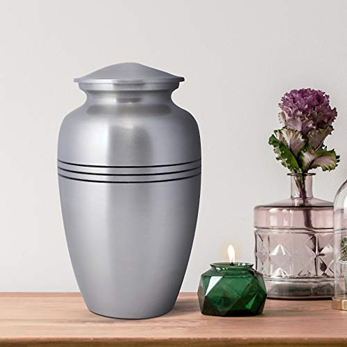 Pewter Large Urn for Human Ashes - A Beautiful and Humble Urn for Your Loved Ones Remains. This Lovely - Urn Will Bring You Comfort Each Time You See It, Size 10x6.75 inch-Silver with 3 Lines
